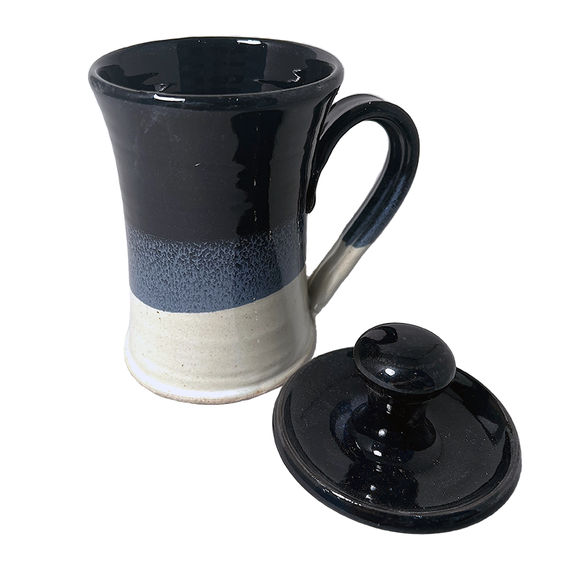 Lidded Coffee or Tea Mug Cup Stoneware Pottery, Enamel Blue Top/Waxy ...