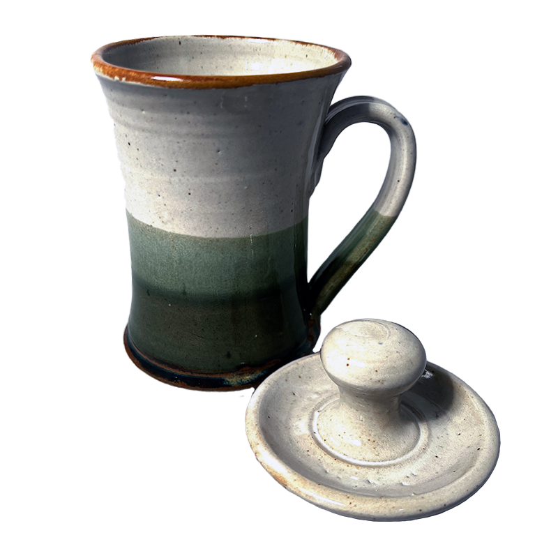 Lidded Coffee or Tea Mug Cup Stoneware Pottery, Waxy White/Olive Green ...